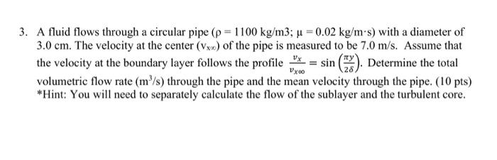 Solved A fluid flows through a circular pipe ( ρ=1100 | Chegg.com