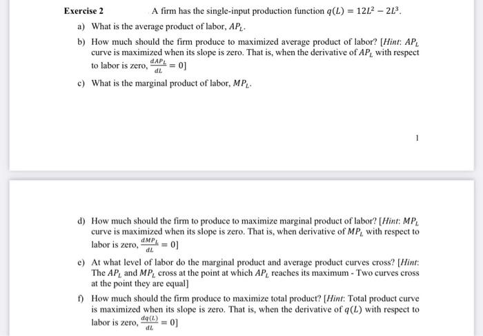 Solved Exercise 2 A firm has the single-input production | Chegg.com