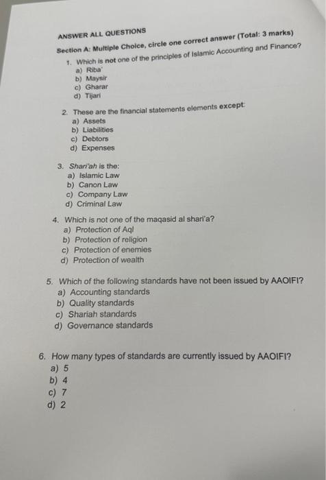 Solved ANSWER ALL QUESTIONS Section A: Multiple Choice, | Chegg.com