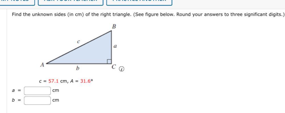 Solved Find the unknown sides (in cm ) ﻿of the right | Chegg.com