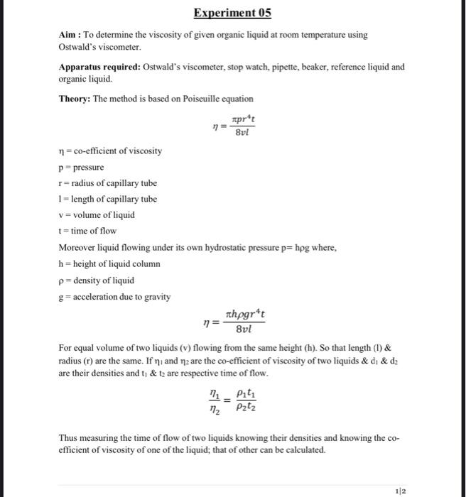 Solved Experiment 05 Aim: To determine the viscosity of | Chegg.com
