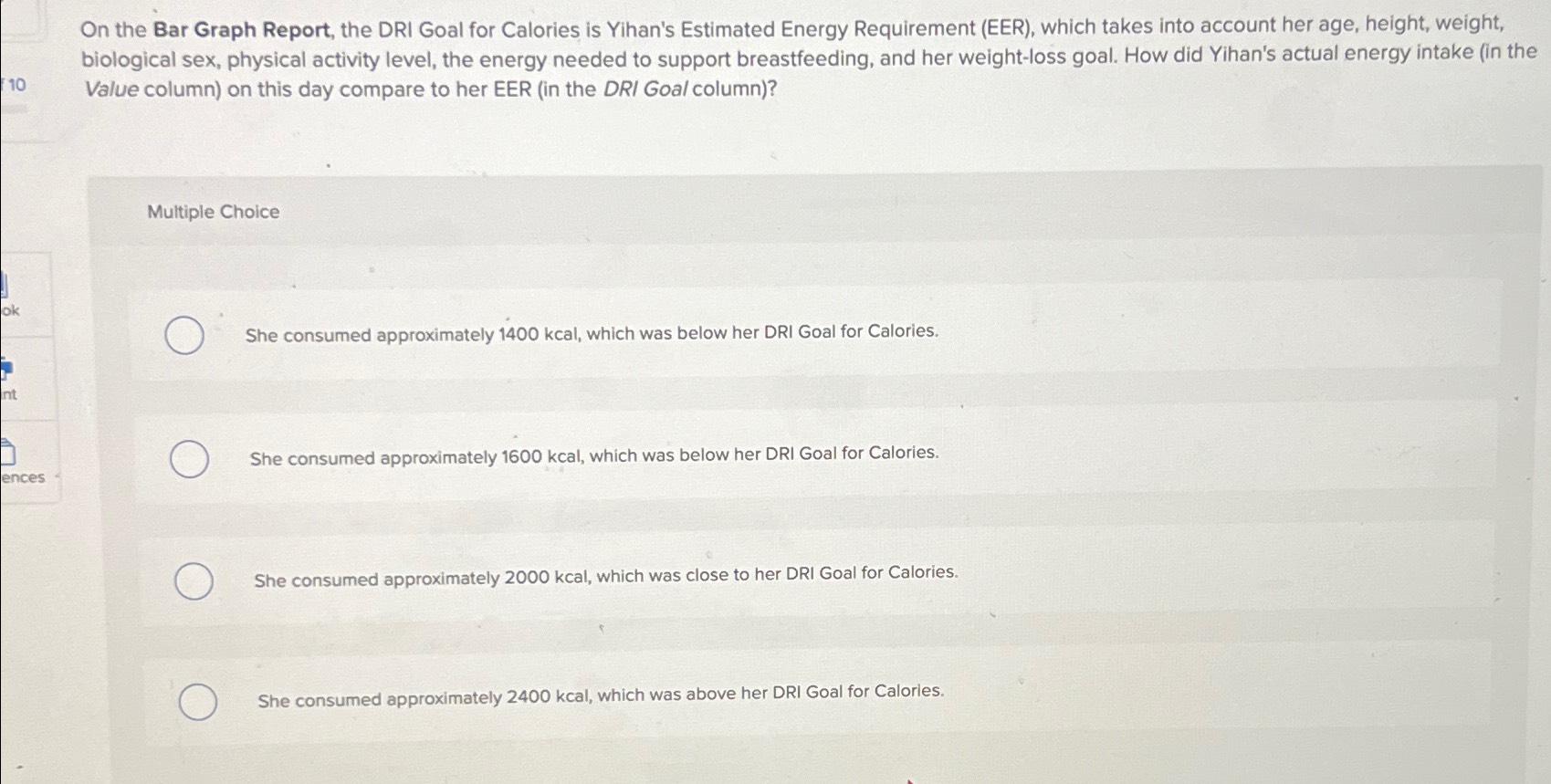 Solved On the Bar Graph Report, the DRI Goal for Calories is | Chegg.com