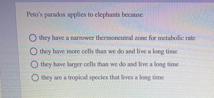 Solved Peto's paradox applies to elephants because they have | Chegg.com