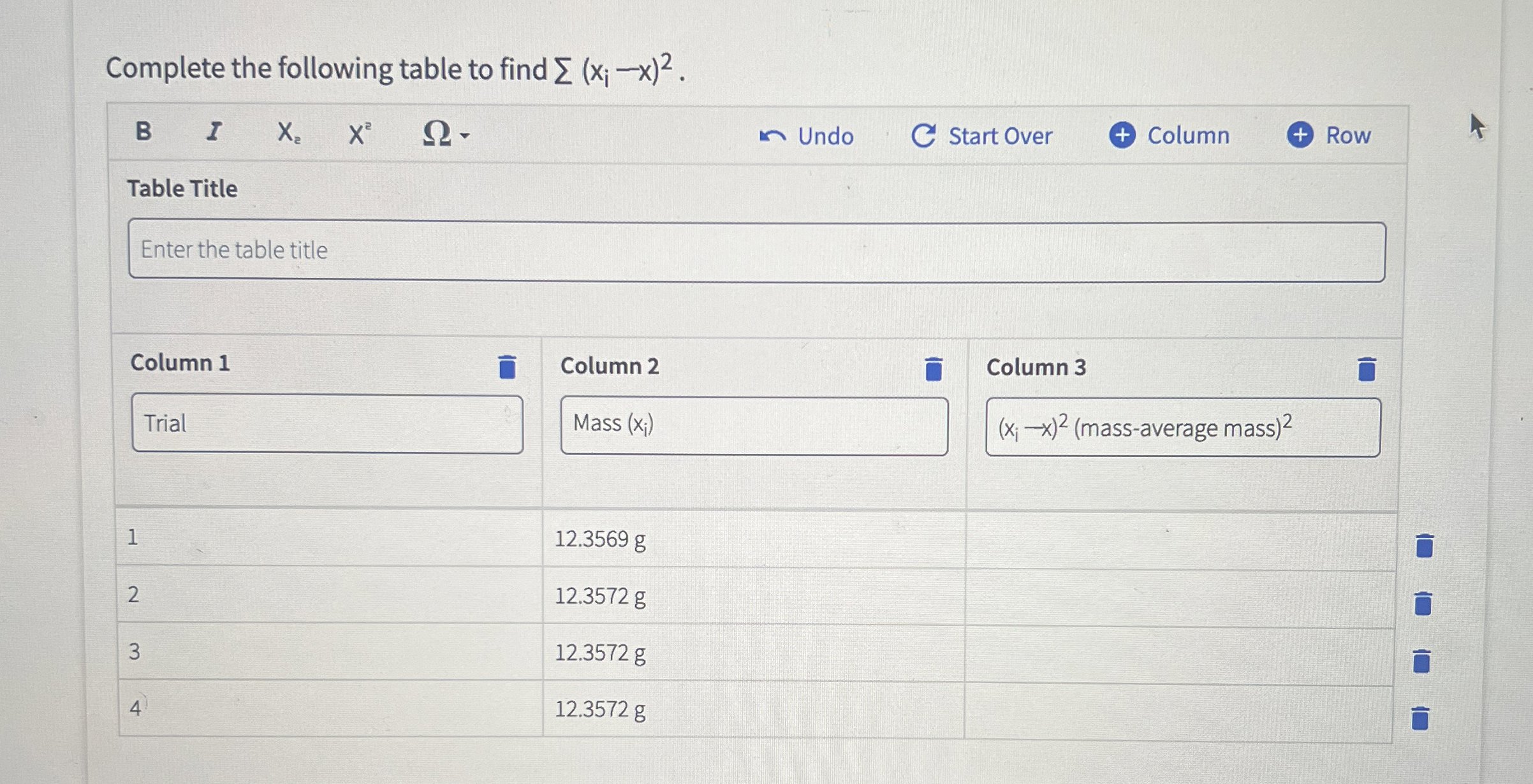Solved Complete the following table to find Σ(xi-x)2. | Chegg.com