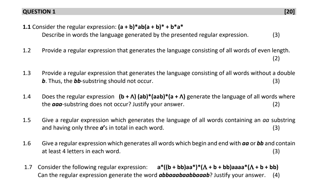 Solved QUESTION 1[20]1.1 ﻿Consider the regular expression: | Chegg.com