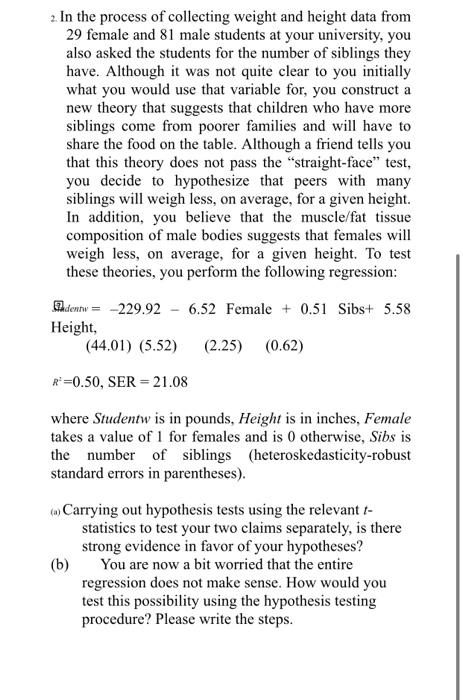 Solved 2. In the process of collecting weight and height | Chegg.com