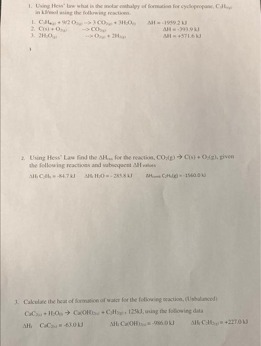 Solved 1. Using Hess" law what is the molar enthalpy of | Chegg.com