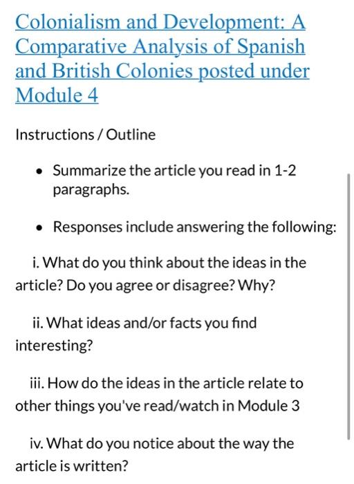 Solved Colonialism and Development: A Comparative Analysis | Chegg.com