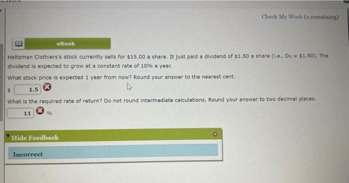 Solved Check My Work (2 remaining) Holtzman Clothiers's | Chegg.com