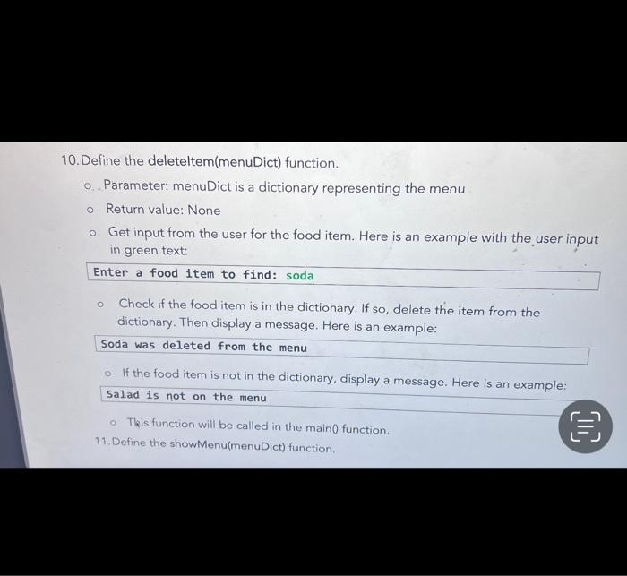 Solved Define the showPrice(menuDict) function. Parameter: | Chegg.com