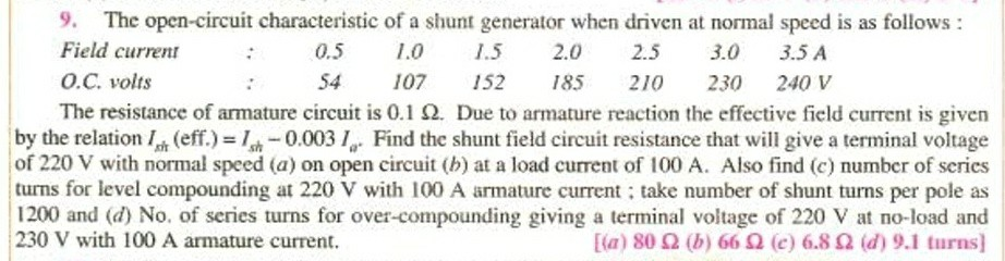 Solved 9. The open-circuit characteristic of a shunt | Chegg.com
