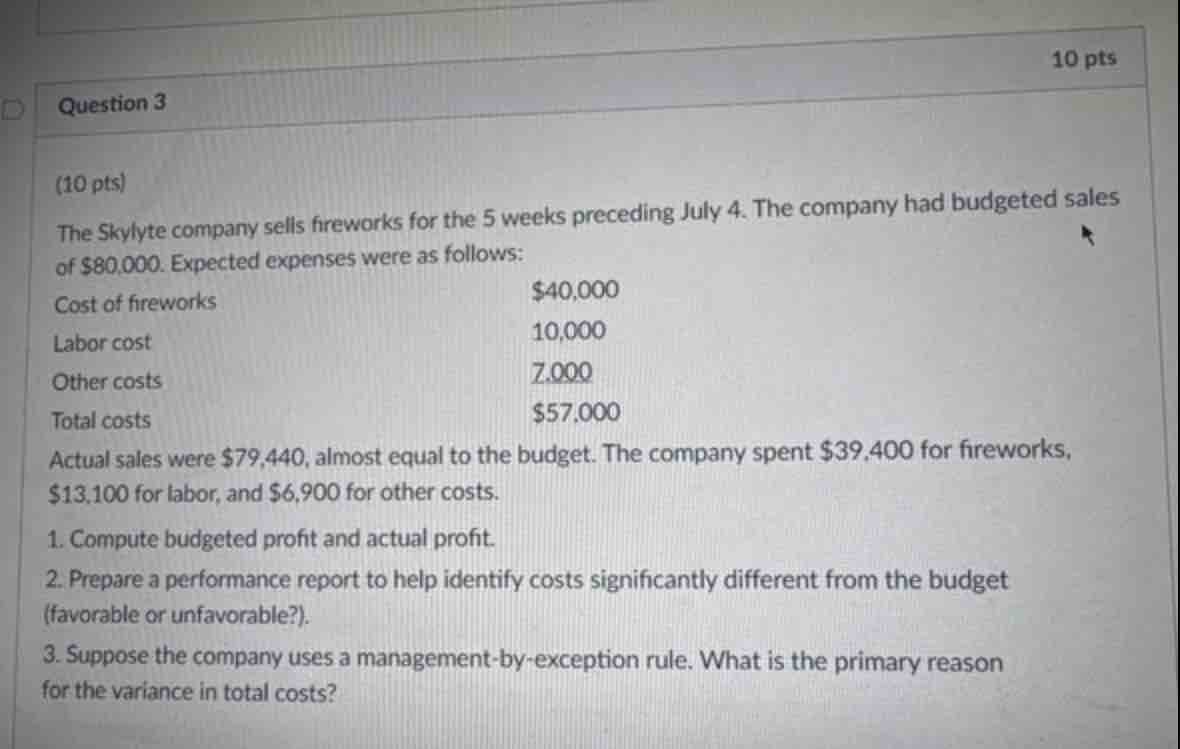 Solved Question 3The Skylyte company sells fireworks for the | Chegg.com