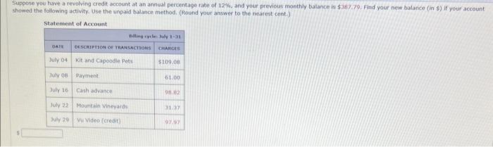 Solved Suppose you have a revolving credit account at an | Chegg.com