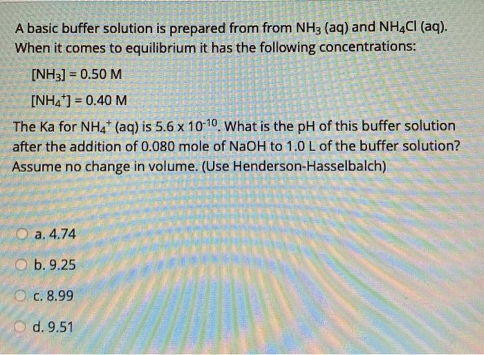 Solved A basic buffer solution is prepared from from NH3 | Chegg.com