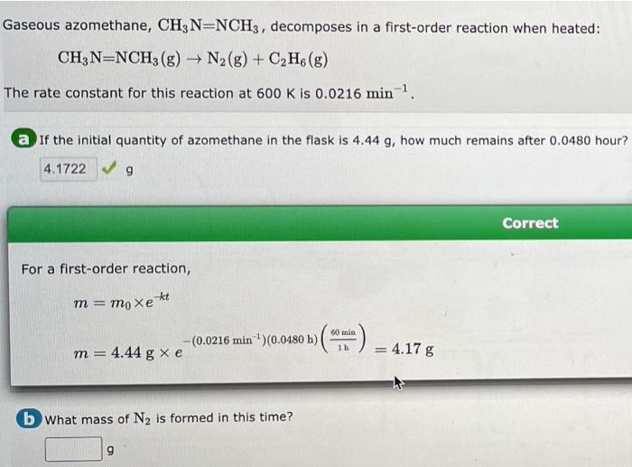 Solved Gaseous azomethane, CH, N=NCH3 , decomposes in a | Chegg.com
