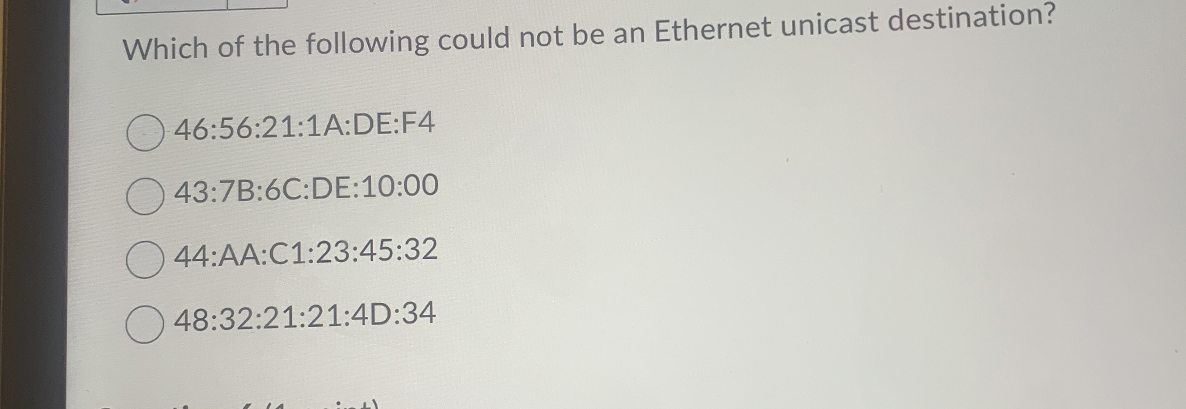 Solved Which of the following could not be an Ethernet | Chegg.com
