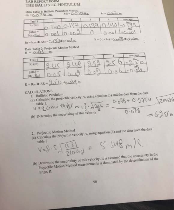 Solved Ah LAB REPORT FORM THE BALLISTIC PENDULUM Data Table | Chegg.com