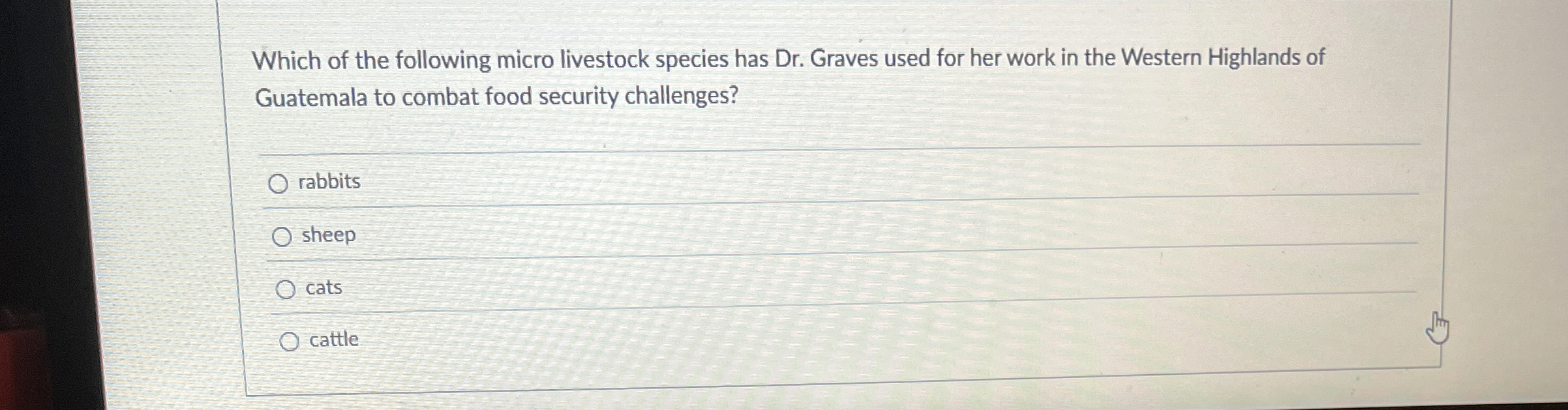 Solved Which of the following micro livestock species has | Chegg.com