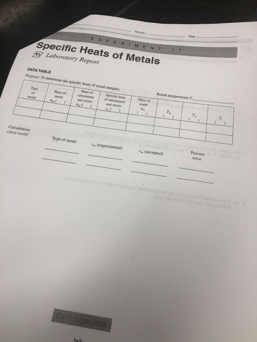 Solved EXPERIMENT 1 7 Specific Heats of Metals TV Laboratory | Chegg.com