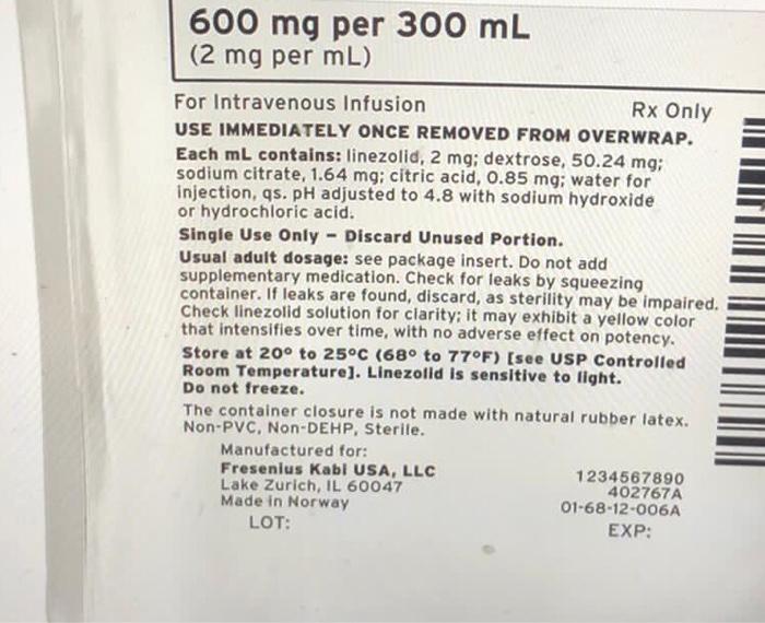 Solved Order: Zyvox 600 mg IV over 2 hrs 9 12 hrs for an | Chegg.com