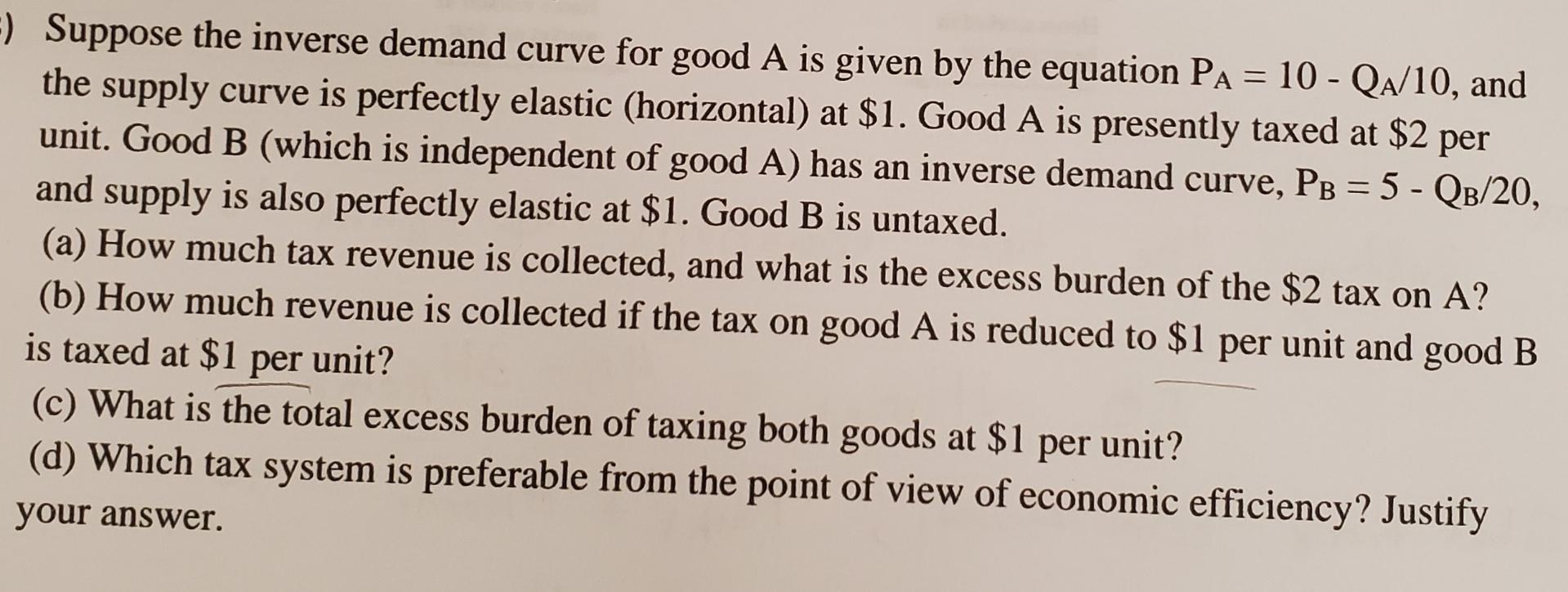 Solved Suppose the inverse demand curve for good A ﻿is given | Chegg.com