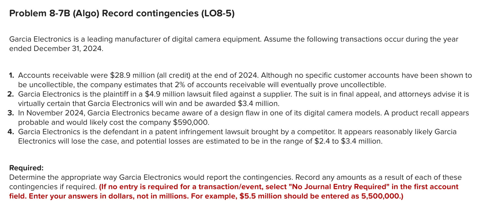 Solved Problem 8-7B (Algo) ﻿Record contingencies (LO8-5) | Chegg.com