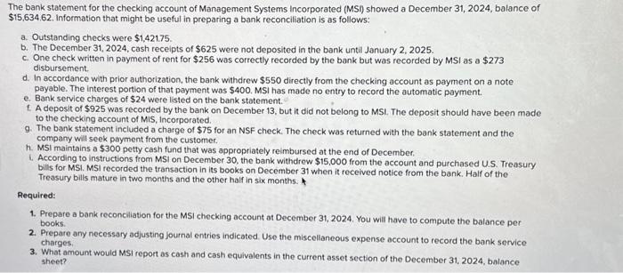 Solved The bank statement for the checking account of | Chegg.com