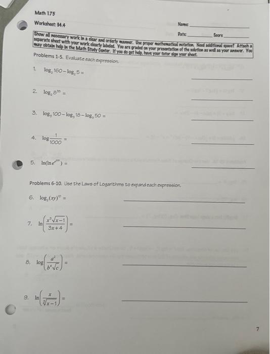 Solved Math 175 Name: Worksheet: $4.1 Score Pate Show all | Chegg.com
