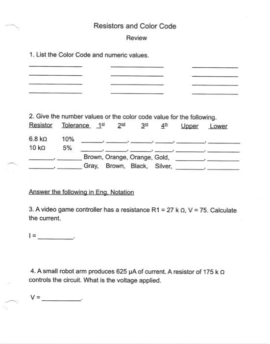 Solved 2. Give the number values or the color code value for | Chegg.com