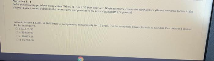 Solved Narrative 11-1 Solve the following problems using | Chegg.com