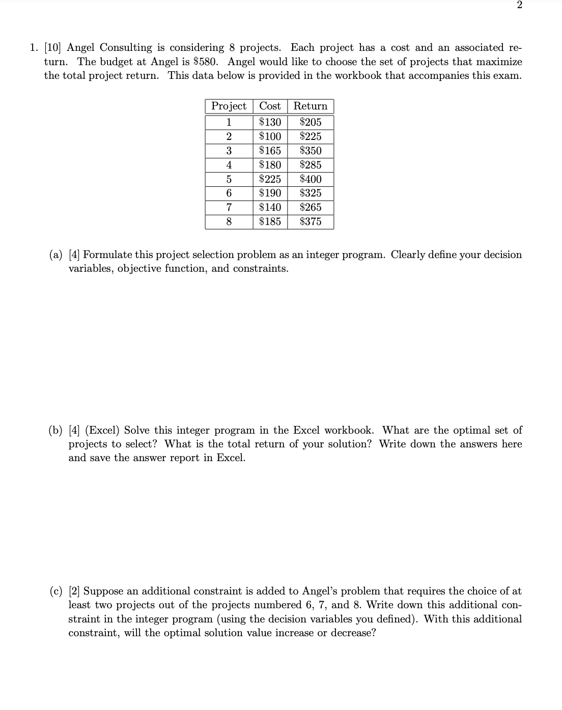 Solved [10] ﻿Angel Consulting is considering 8 ﻿projects. | Chegg.com