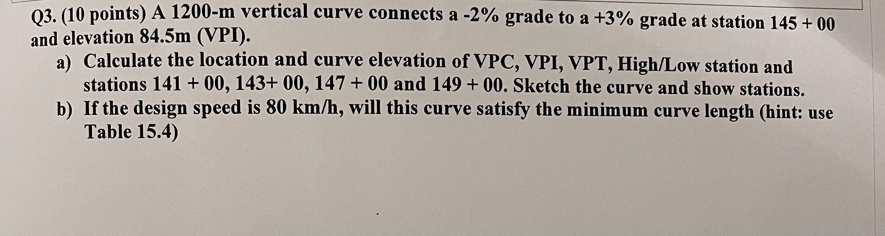 Solved Q3. (10 ﻿points) ﻿A 1200-m ﻿vertical curve connects a | Chegg.com