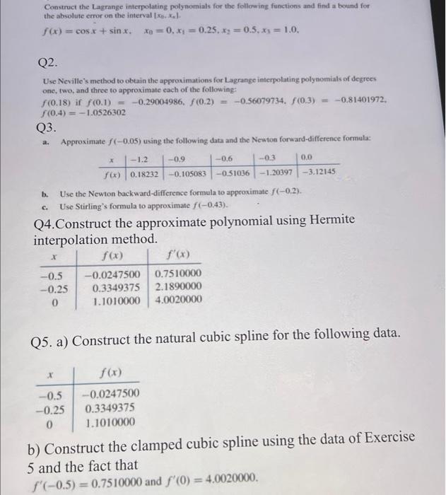 Construct the Lagrange interpolating polynomials for | Chegg.com
