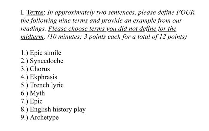 I. Terms: In approximately two sentences, please | Chegg.com