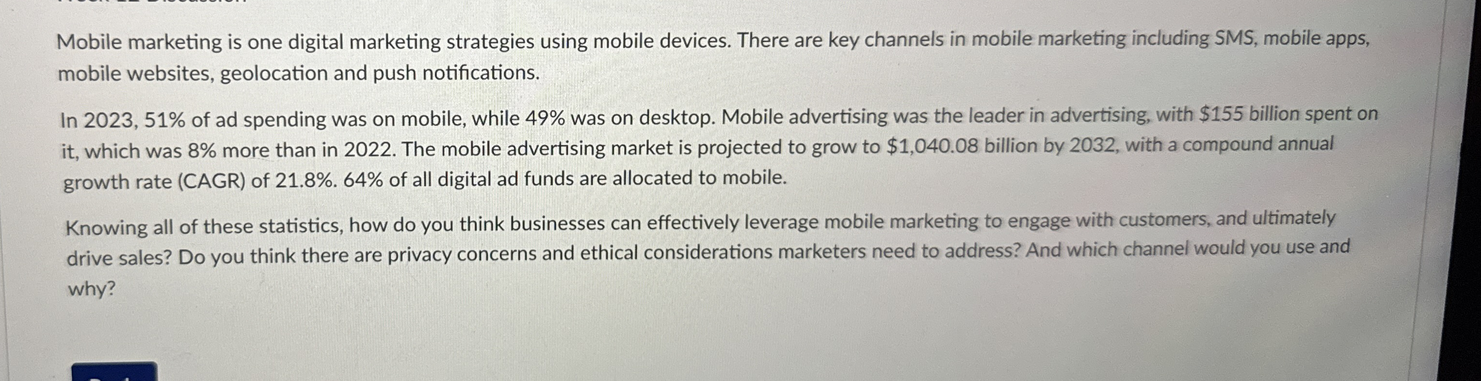 Solved Mobile marketing is one digital marketing strategies | Chegg.com