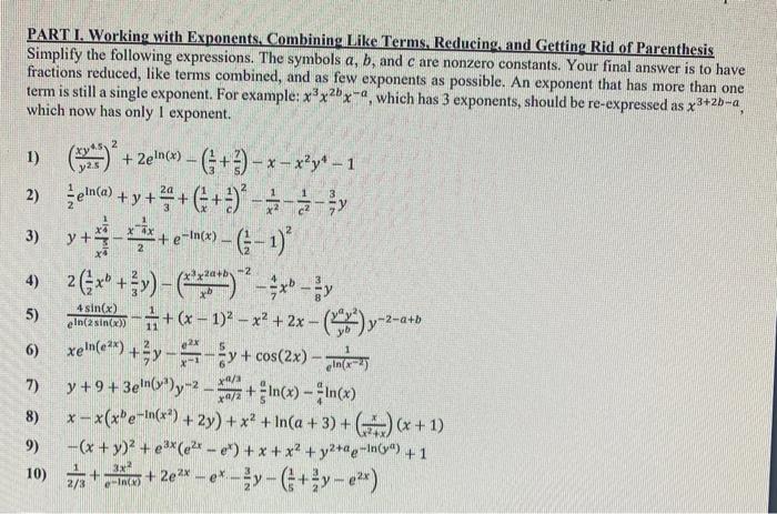 Solved PART I. Working with Exponents, Combining Like Terms, | Chegg.com