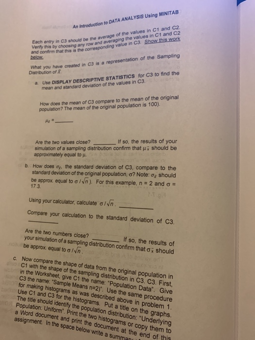 An Introduction to DATA ANALYSIS Using MINITAB in C3 | Chegg.com