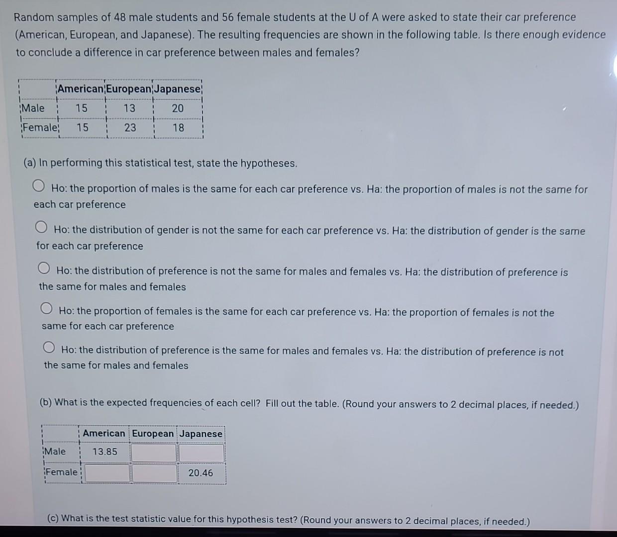 Solved Random samples of 48 male students and 56 female | Chegg.com