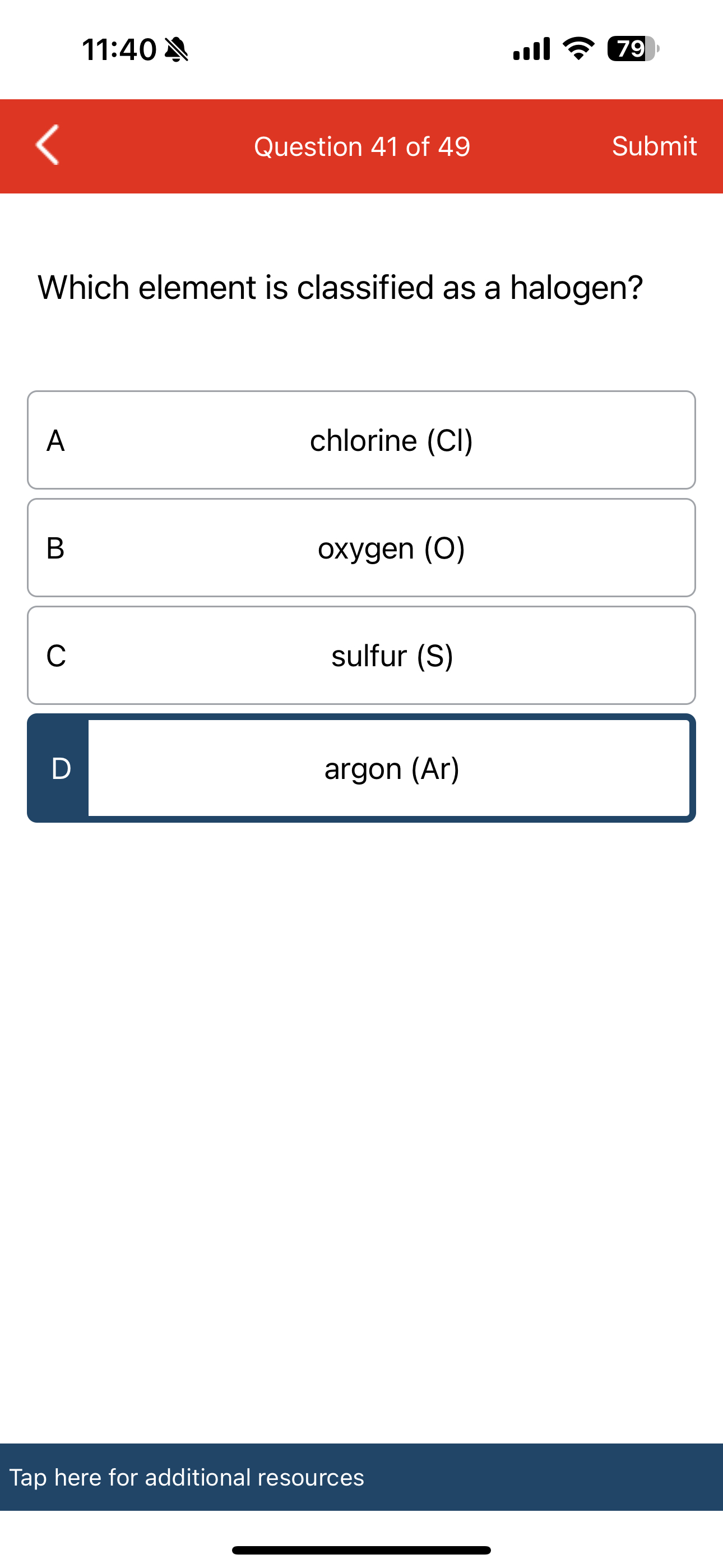 Solved 11:40ill79Question 41 ﻿of 49SubmitWhich element is | Chegg.com | Chegg.com