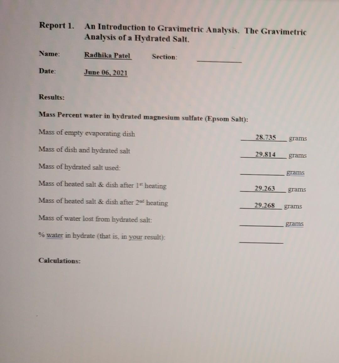 Solved Report 1. An Introduction to Gravimetric Analysis. | Chegg.com