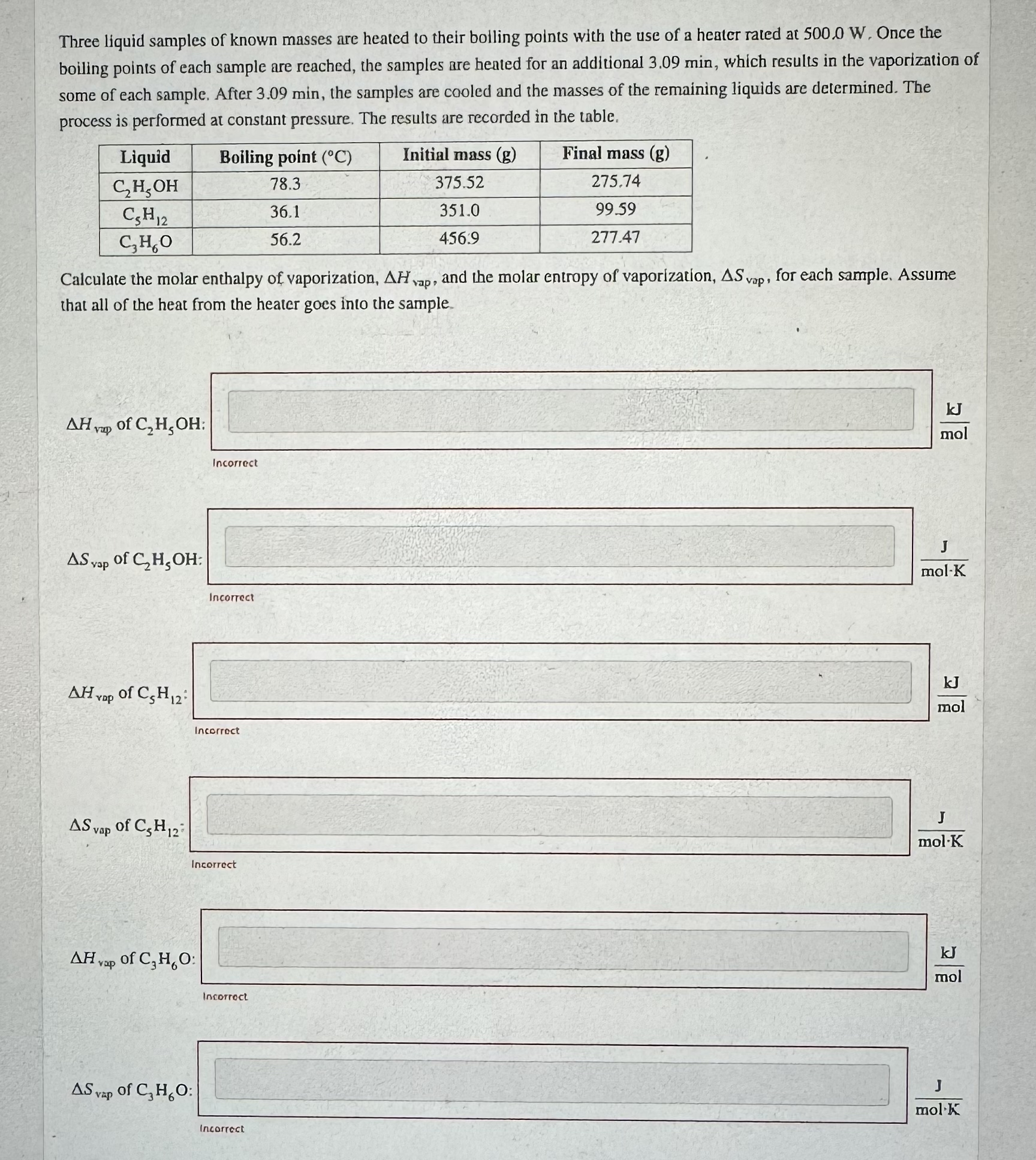 Solved Three liquid samples of known masses are heated to | Chegg.com