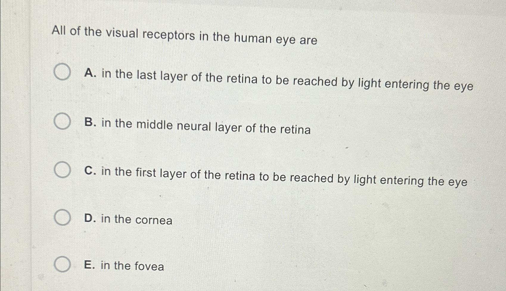 Solved All of the visual receptors in the human eye areA. | Chegg.com