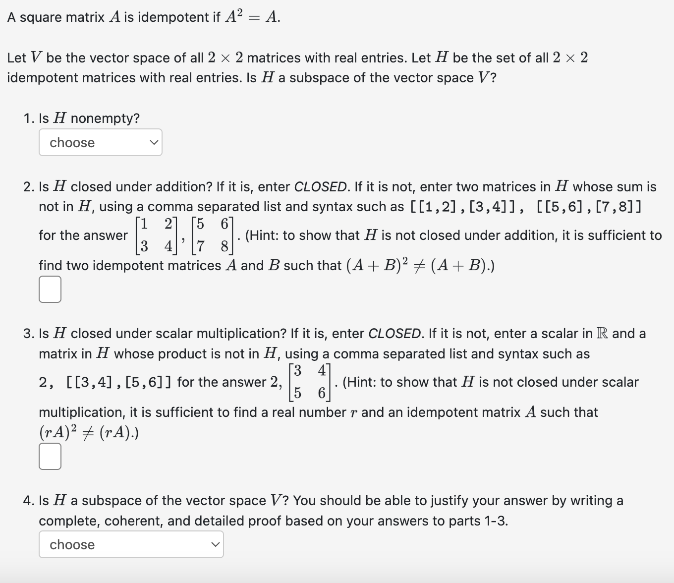 Solved A square matrix A ﻿is idempotent if A2=A.Let V ﻿be | Chegg.com