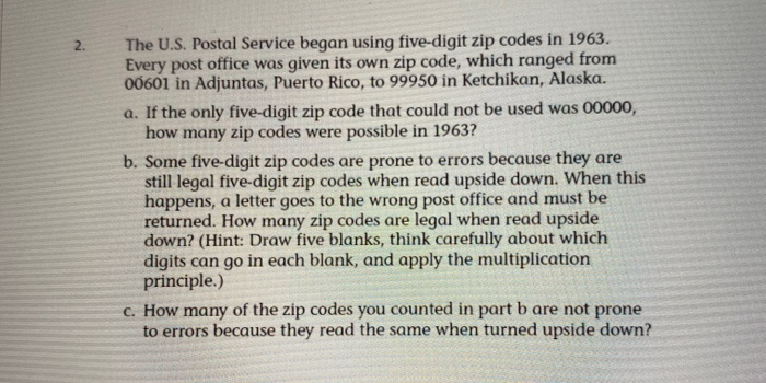 Solved The U.S. Postal Service began using five-digit zip | Chegg.com