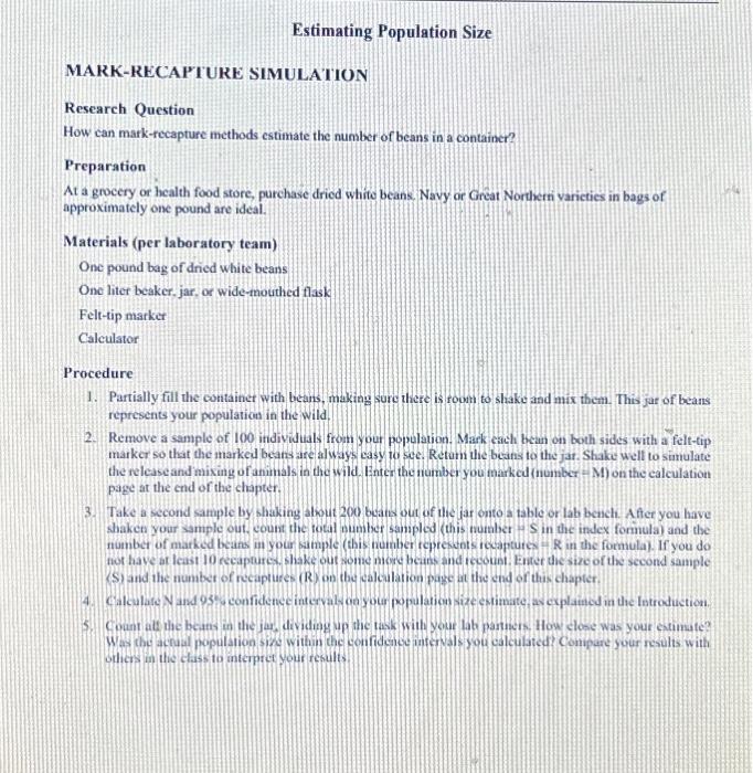 Solved Estimating Population Size MARK-RECAPIURE SIMULATION | Chegg.com