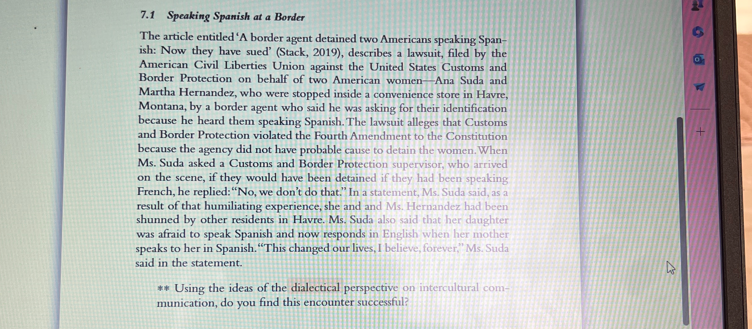 Solved 7.1 ﻿Speaking Spanish at a BorderThe article entitled | Chegg.com