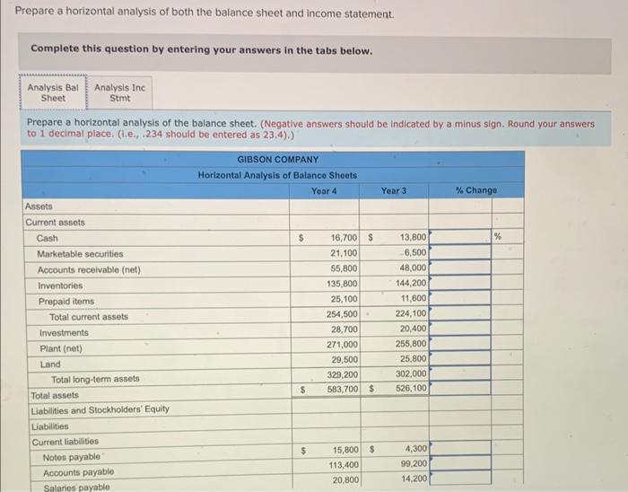Solved Prepare a horizontal analysis of both the balance | Chegg.com