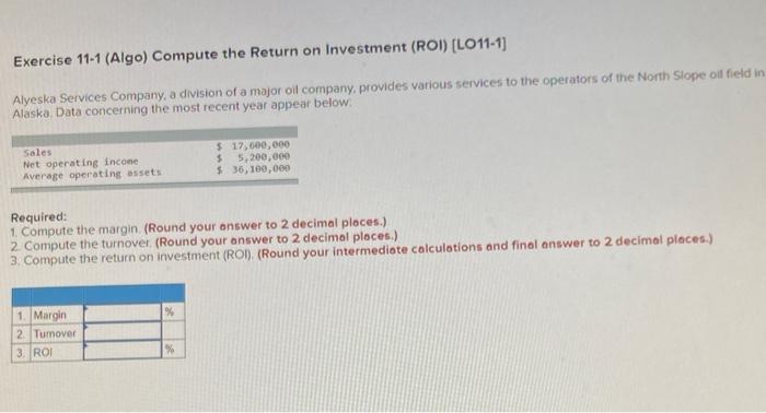 Solved Exercise 11-1 (Algo) Compute the Return on Investment | Chegg.com
