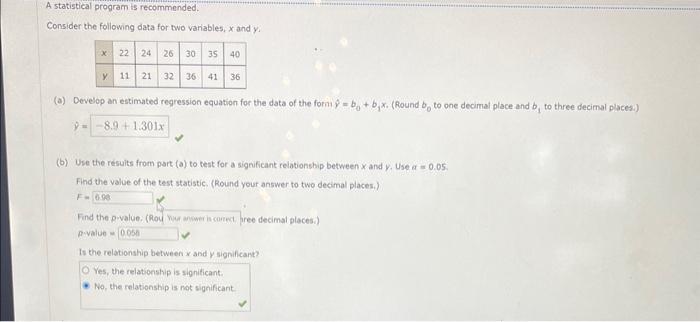 Solved Consider the following data for two variables, x and | Chegg.com