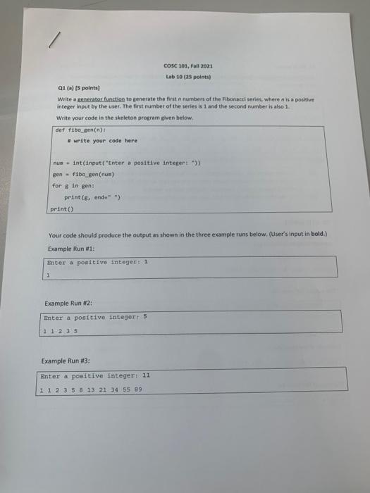 COSC 101, Fall 2021 Lab 10 (2 points) 01 (a) 5 | Chegg.com